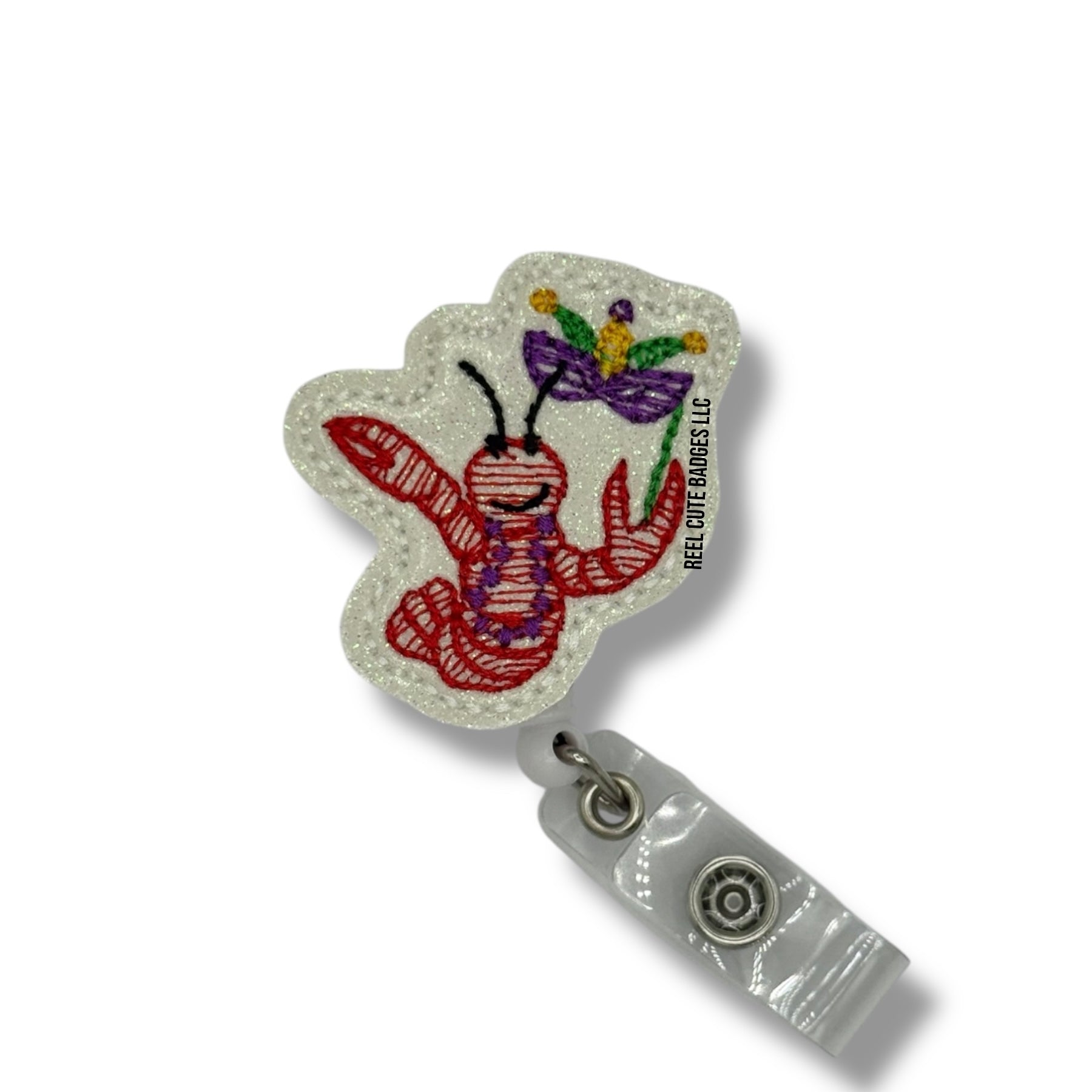 Crawfish Holding Mardi Gras Mask – Reel Cute Badges