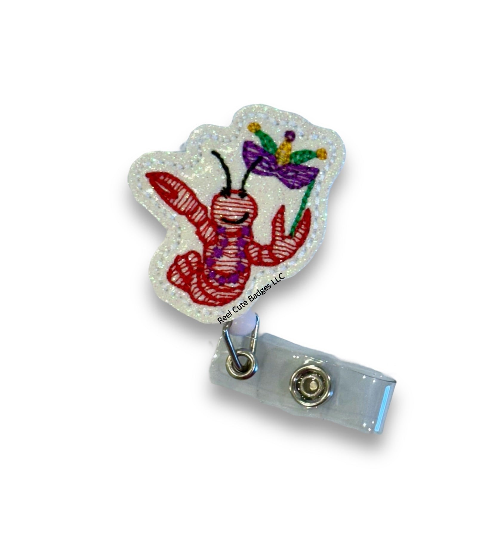 Crawfish Holding Mardi Gras Mask – Reel Cute Badges